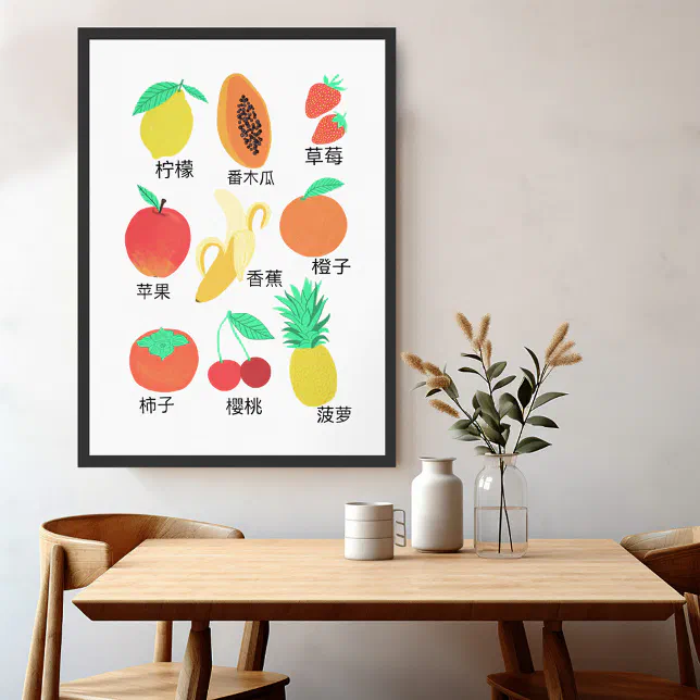 Fruits Flash Cards Chinese Fruity Fun Food Art Poster | Zazzle