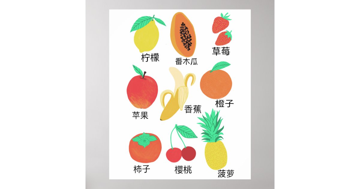 Fruits Flash Cards Chinese Fruity Fun Food Art Poster | Zazzle