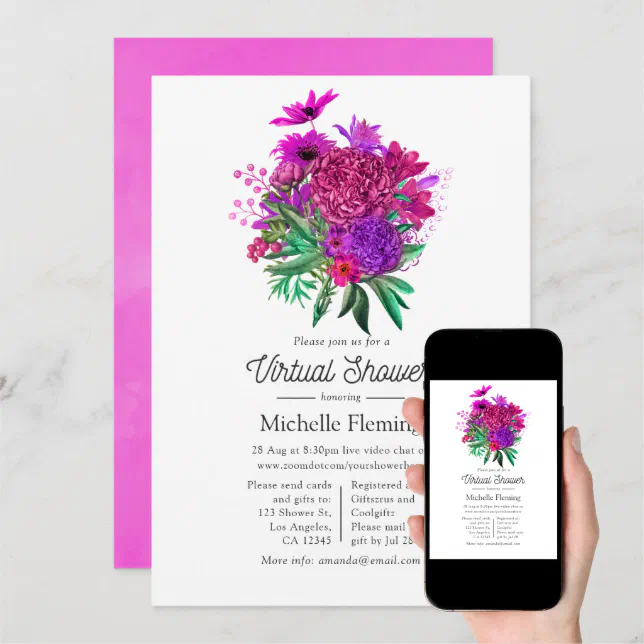 Fuchsia and Purple Shabby Floral Virtual Shower Invitation | Zazzle