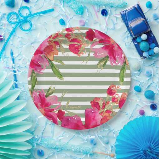 Fuchsia Floral Green Stripes Graduation Party Paper Plates | Zazzle