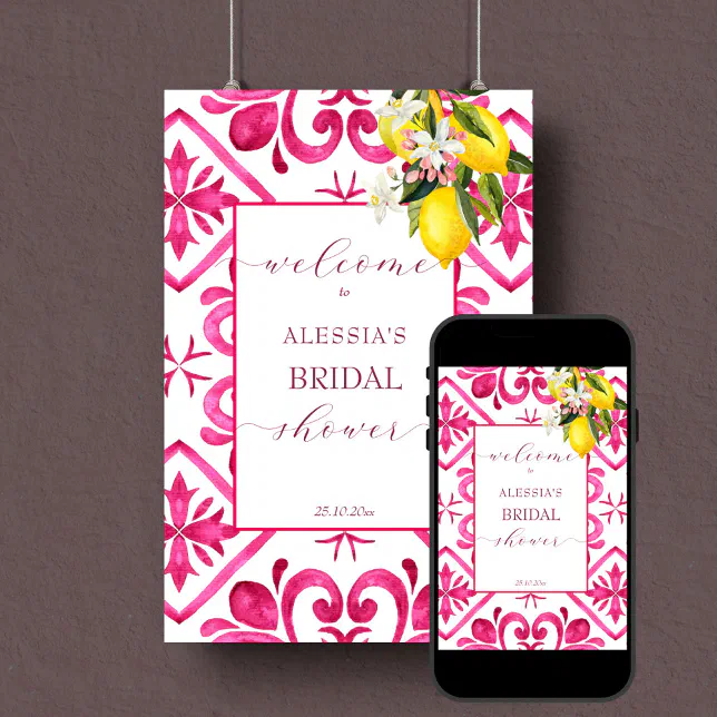 Fuchsia magenta lemon bridal shower welcome sign | Zazzle