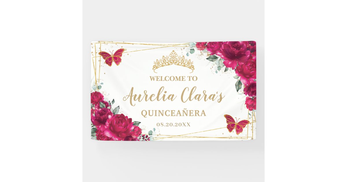 Fuchsia Pink Floral Butterflies Welcome Backdrop Banner | Zazzle