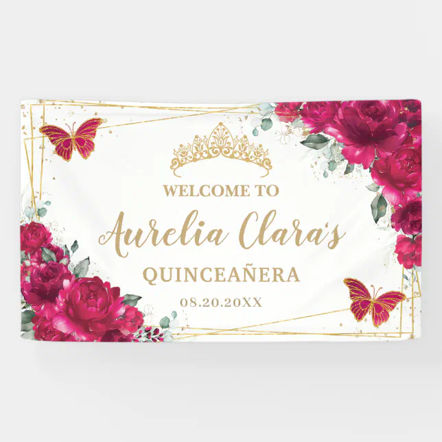 Fuchsia Pink Floral Butterflies Welcome Backdrop Banner | Zazzle