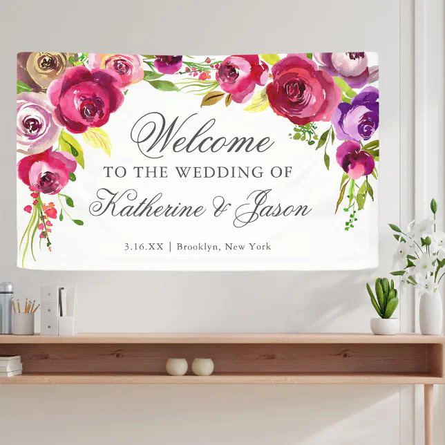 Fuchsia Pink Floral Chic Romantic Wedding Welcome Banner | Zazzle