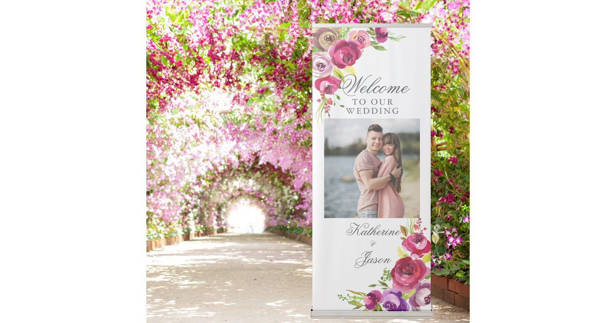 Fuchsia Pink Floral Couple Photo Vertical Wedding Retractable Banner ...