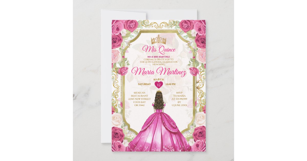 Fuchsia Pink Floral Mexican Princess Quiñceanera Invitation | Zazzle