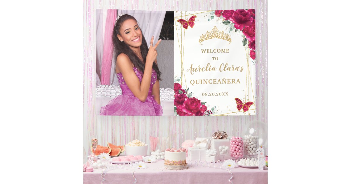 Fuchsia Pink Floral Quinceañera Welcome Backdrop Banner | Zazzle