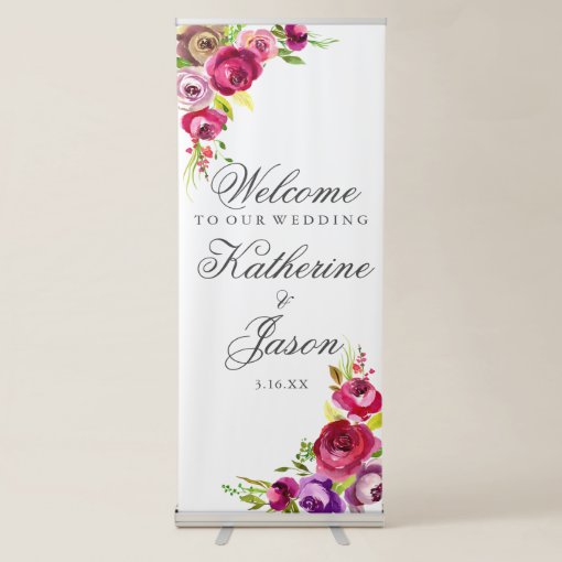 Fuchsia Pink Floral Romantic Wedding Welcome Retractable Banner | Zazzle