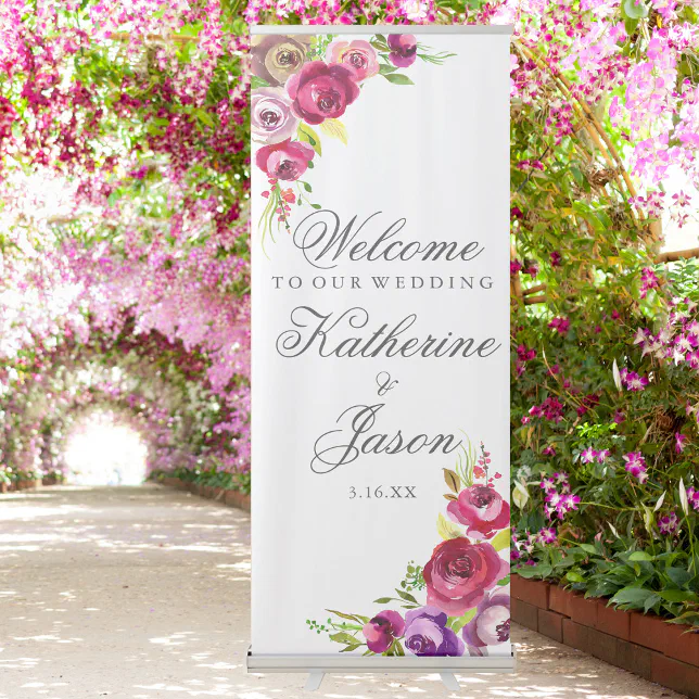 Fuchsia Pink Floral Romantic Wedding Welcome Retractable Banner | Zazzle
