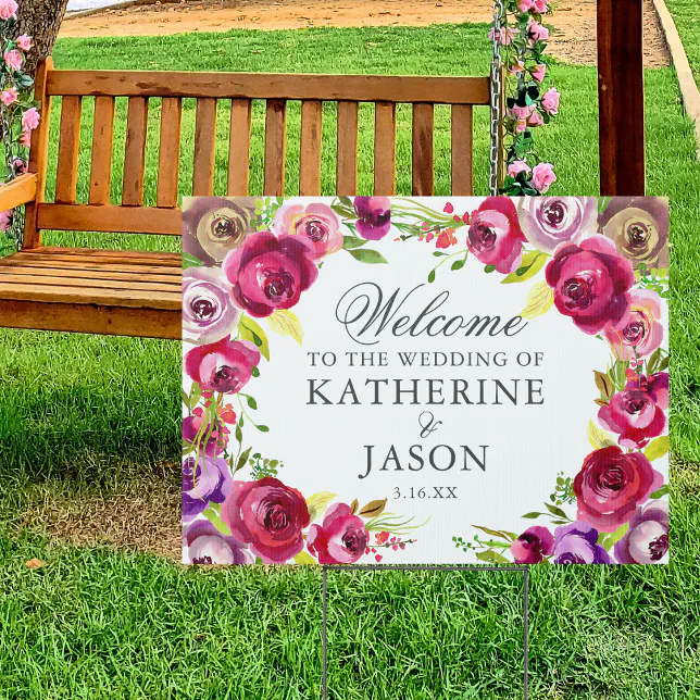 Fuchsia Pink Floral Romantic Wedding Welcome Yard Sign | Zazzle