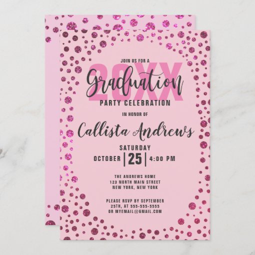 Fuchsia Pink Glitter Confetti Border Graduation Invitation | Zazzle
