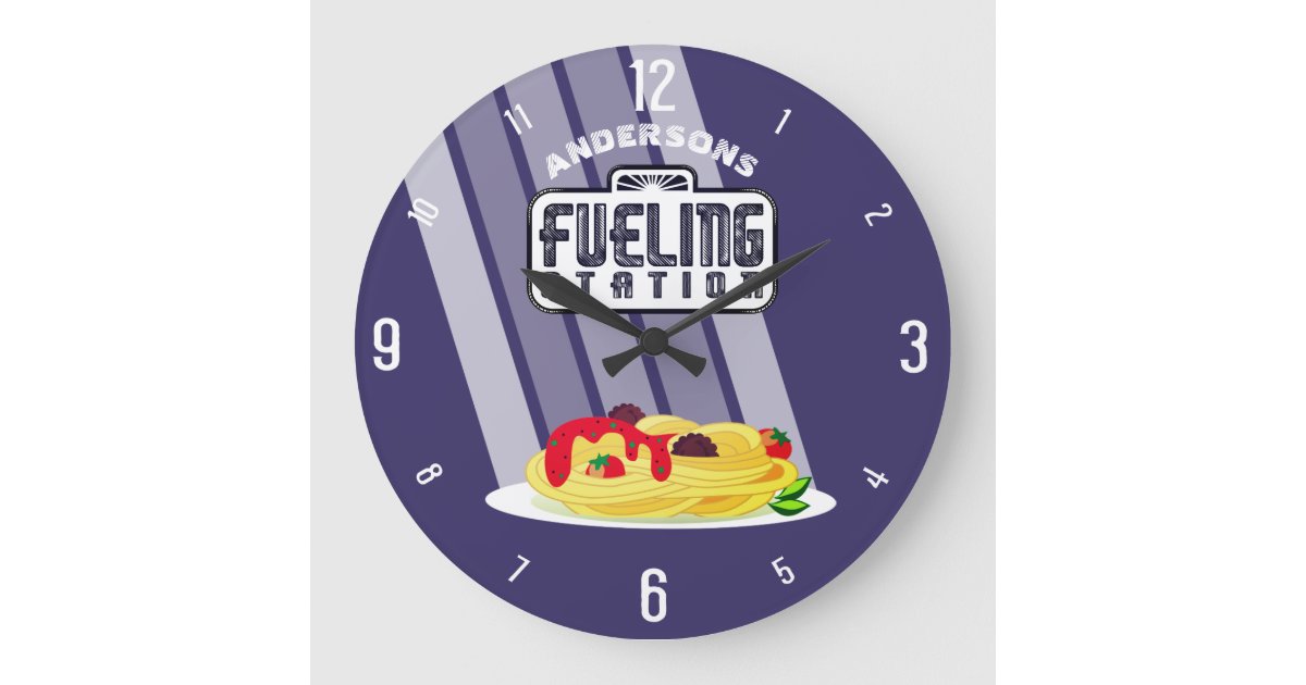 Fueling station spaghetti meatballs personalized large clock | Zazzle