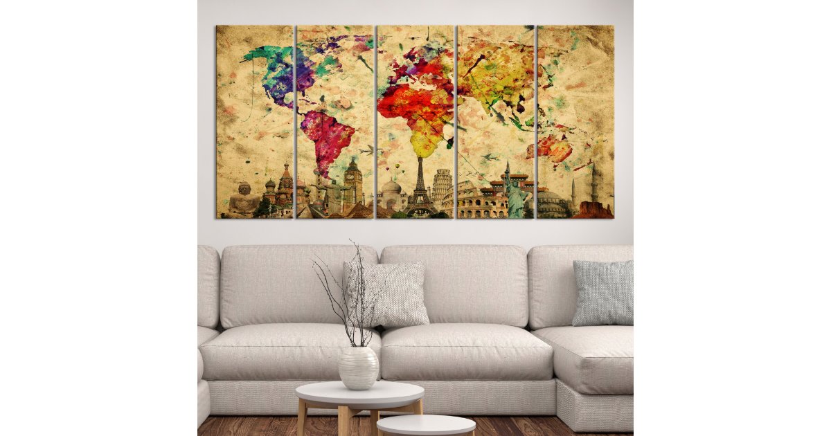Full Color 5 Panel World Map Stretched Canvas | Zazzle