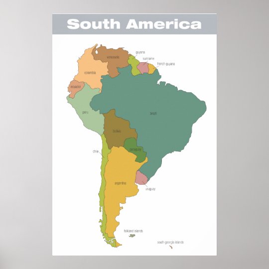 Full Color Map of South America Poster | Zazzle.com