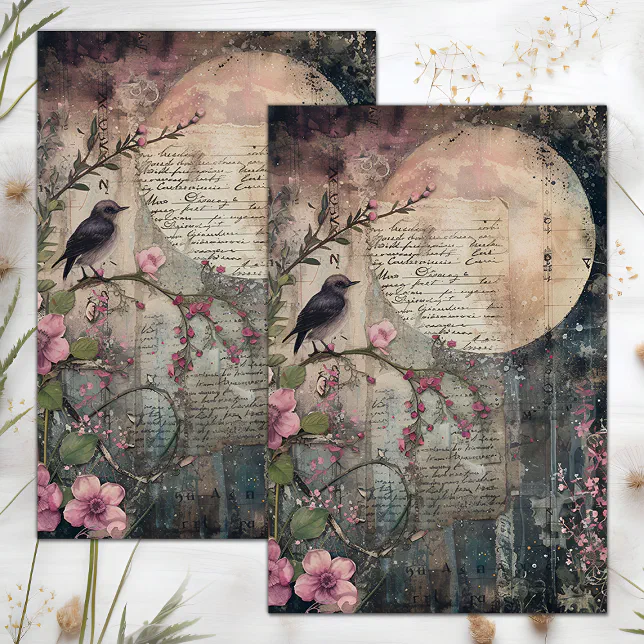 FULL MOON AND BIRD MIXED MEDIA DECOUPAGE TISSUE PAPER | Zazzle