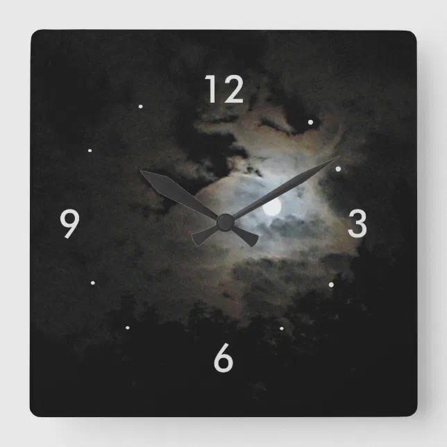 Full Moon and Clouds on black Square Wall Clock | Zazzle