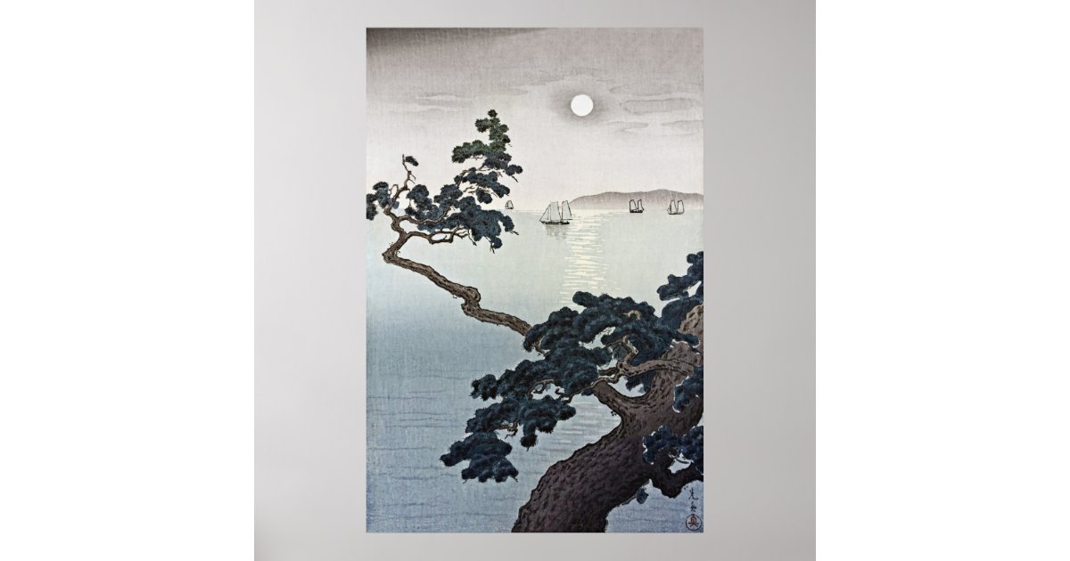 Full Moon at Akashi Beach by Tsuchiya Koitsu Poster | Zazzle