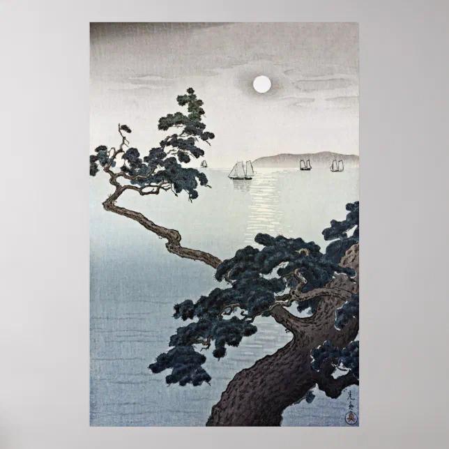 Full Moon at Akashi Beach by Tsuchiya Koitsu Poster | Zazzle