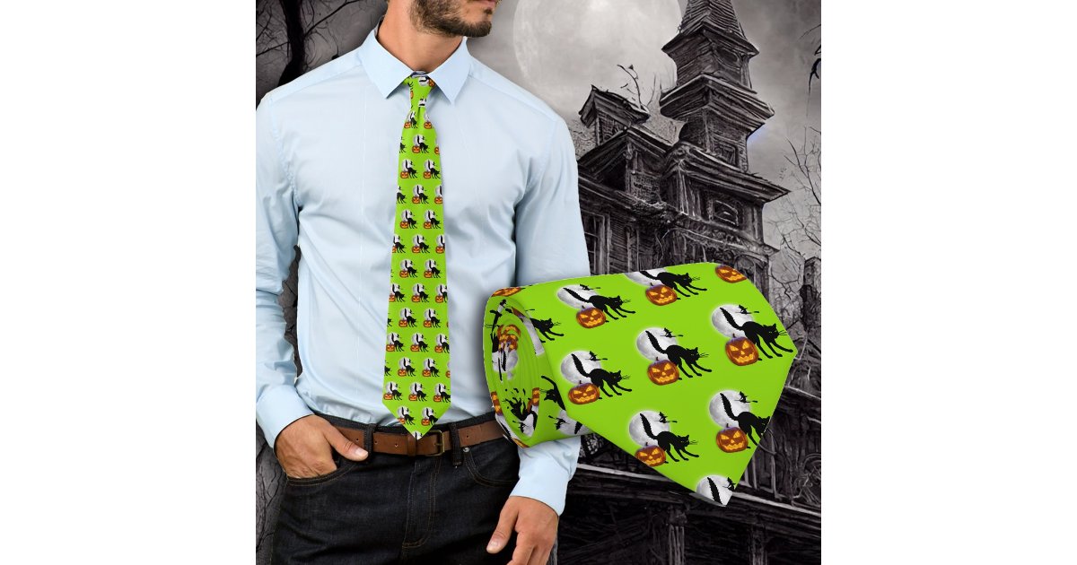 Full Moon Black Cat Smiling Jack Halloween Neck Tie | Zazzle