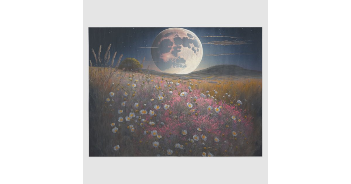 Full Moon over Pink Field of Flowers Decoupage Tissue Paper | Zazzle