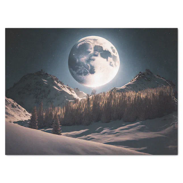 Full Moon over Snow Mountain of Trees Decoupage Tissue Paper | Zazzle