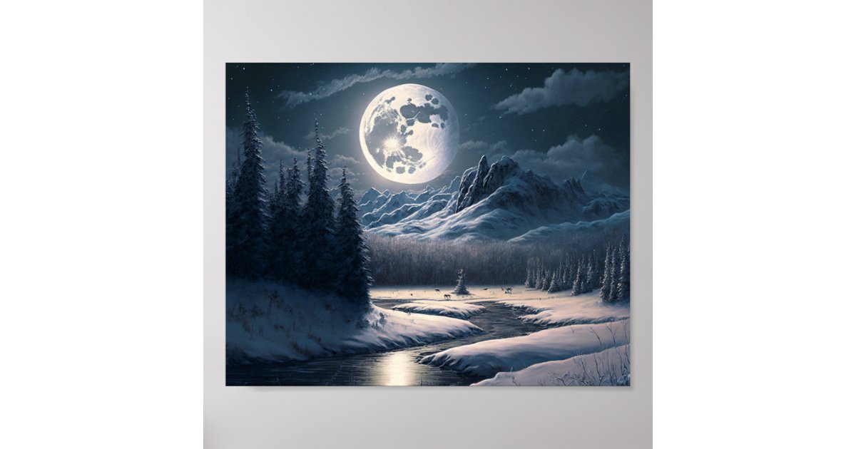 Full Moon Snowy Landscape Poster | Zazzle