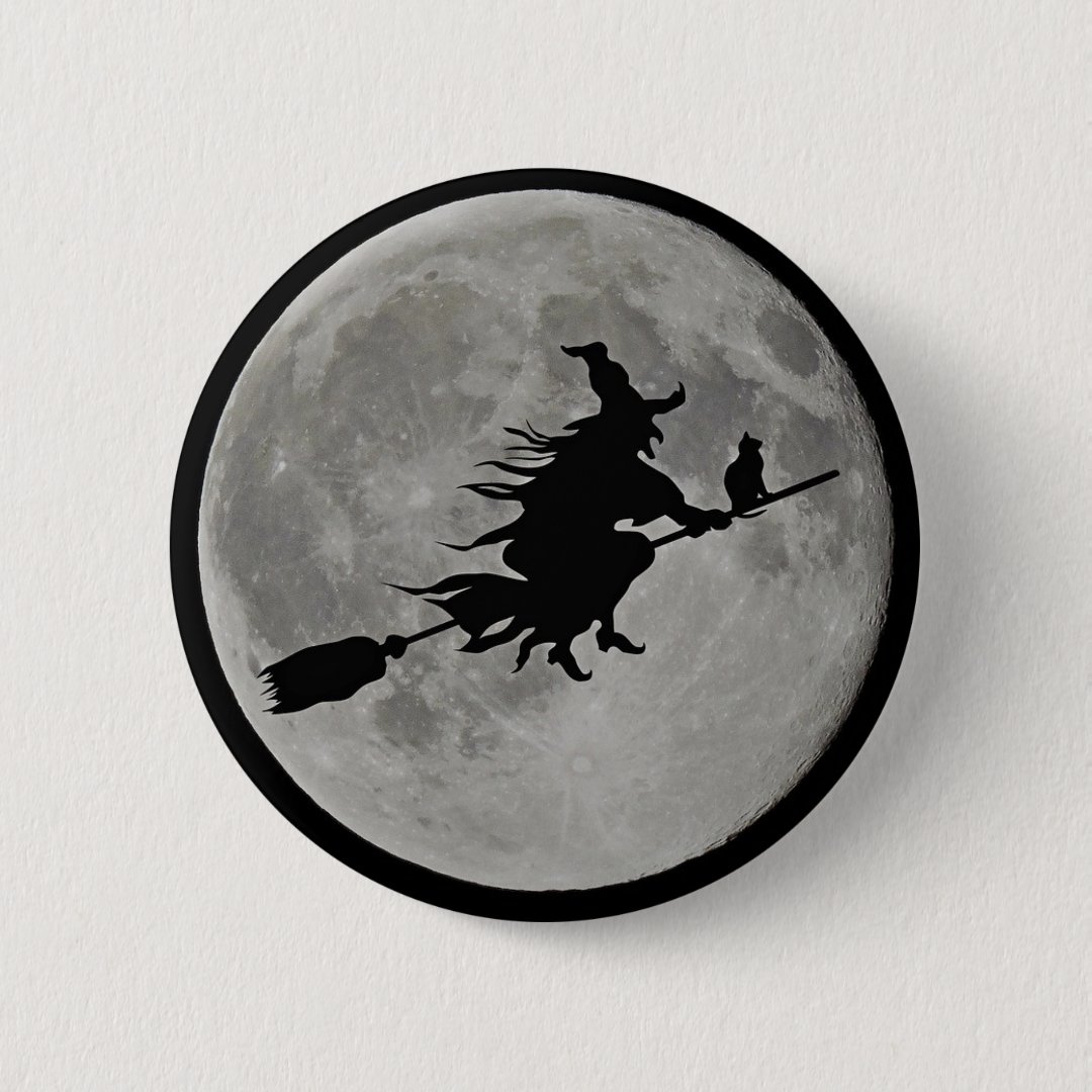 FULL MOON WITCH ON BROOM Halloween Witch BUTTON | Zazzle