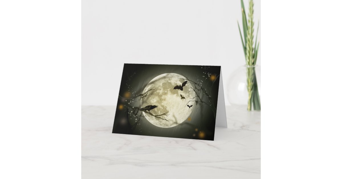 Full Moon with a Crow and Bats Card | Zazzle