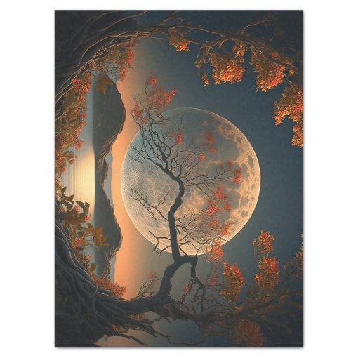 Full Moon with Orange Leaf Fall Trees Decoupage Tissue Paper | Zazzle