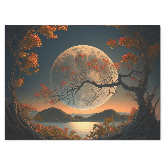 Full Moon with Orange Leaf Fall Trees Decoupage Tissue Paper | Zazzle