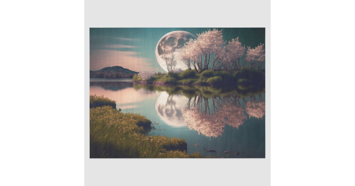 Full Moon with Pink Floral Trees Decoupage Tissue Paper | Zazzle