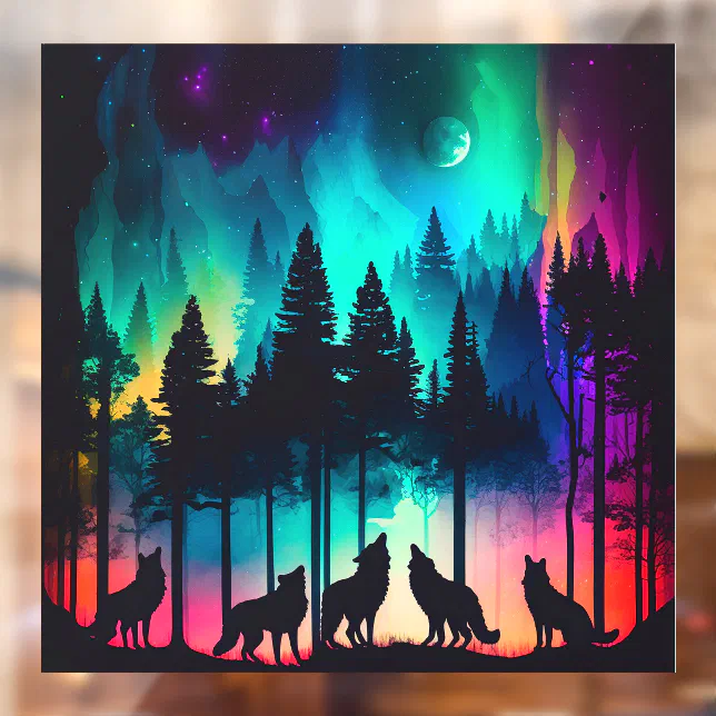 Full Moon Wolf Pack Howling Northern Lights Window Cling | Zazzle