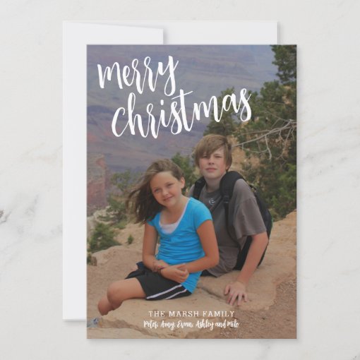 Full Photo Handwritten Merry Christmas Green Back Holiday Card | Zazzle