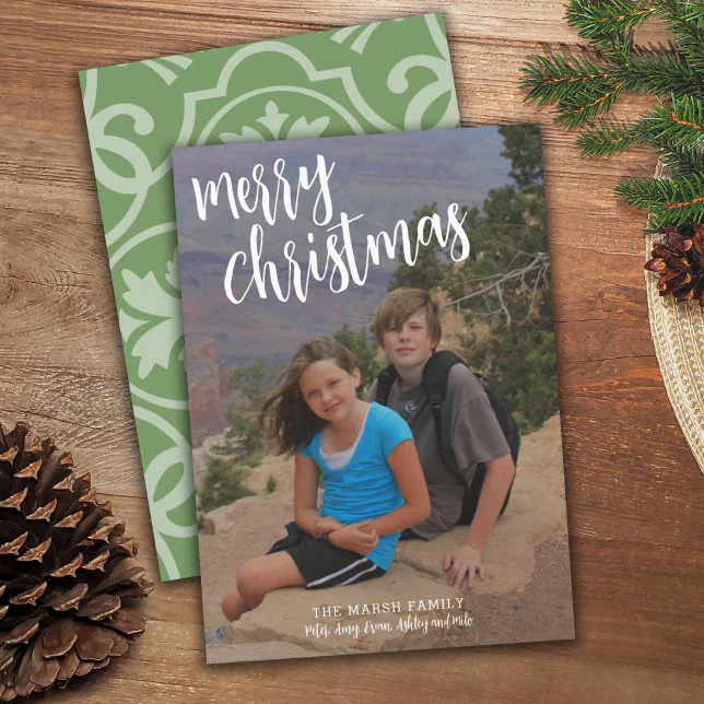 Full Photo Handwritten Merry Christmas Green Back Holiday Card | Zazzle
