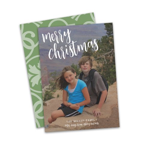 Full Photo Handwritten Merry Christmas Green Back Holiday Card | Zazzle