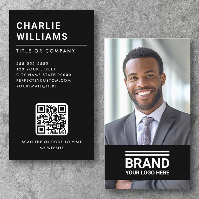 Full photo logo modern minimal QR code black Business Card | Zazzle