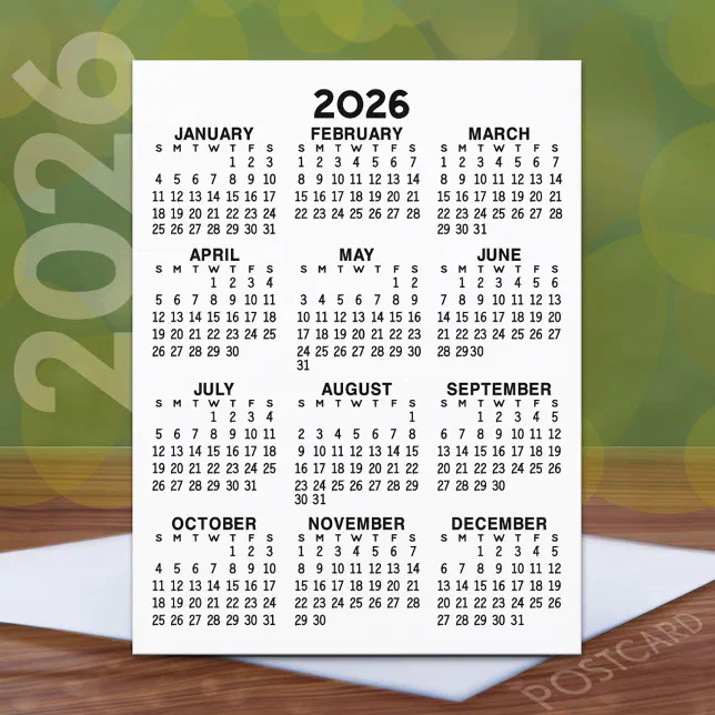 Full Year View Calendar - Basic Minimal Postcard | Zazzle