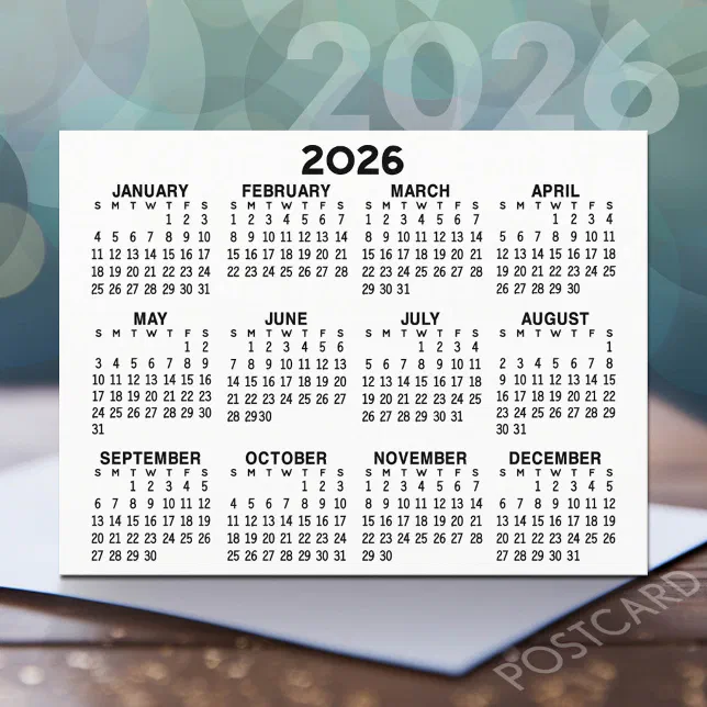 Full Year View Calendar - horizontal Black Postcard | Zazzle