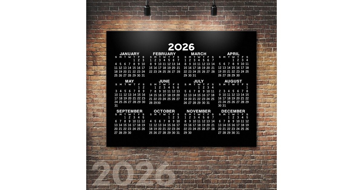 Full Year View Calendar - horizontal - Black Poster | Zazzle