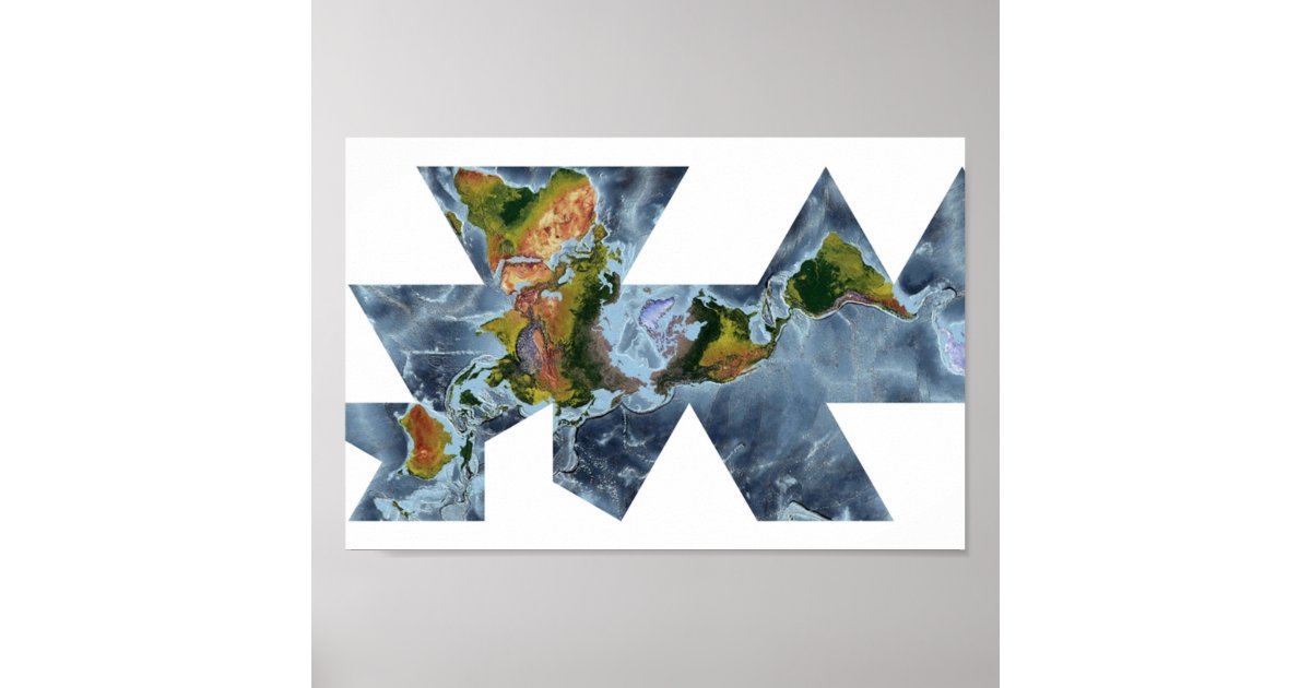 Fuller projection World Map showing land and ocea Poster | Zazzle