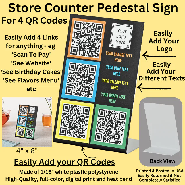 Fully Editable, 4 x QR Codes, with Text & Logo Pedestal Sign | Zazzle
