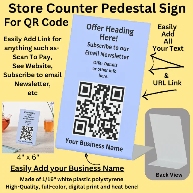 Fully Editable QR Code Blue email Counter Table Pedestal Sign | Zazzle
