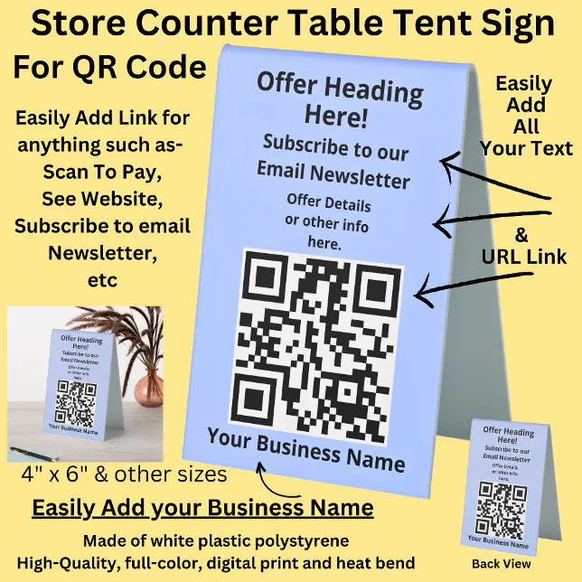 Fully Editable QR Code Blue email Counter Table Tent Sign | Zazzle