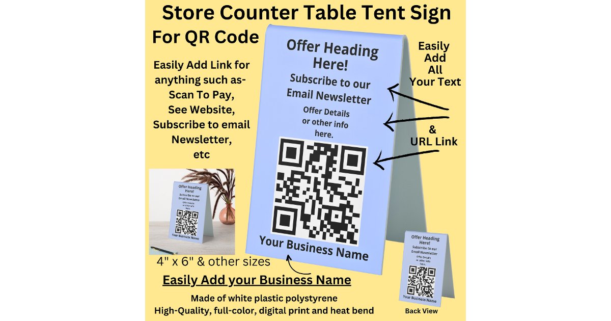 Fully Editable QR Code Blue email Counter Table Tent Sign | Zazzle