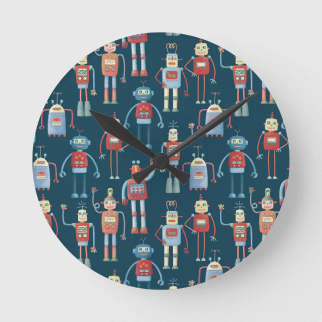 Fun 1950s Style Retro Robot Pattern Dark Round Clock | Zazzle