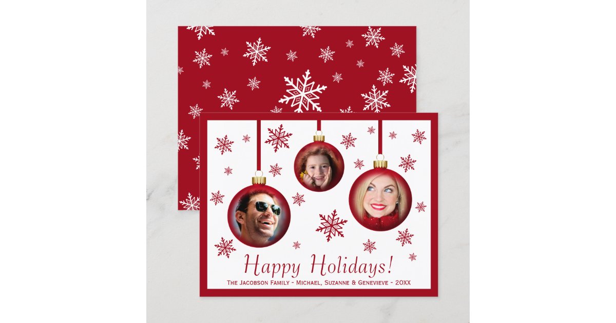 Fun 3 Photo Collage Red Bauble Ornament Holiday Card | Zazzle.com