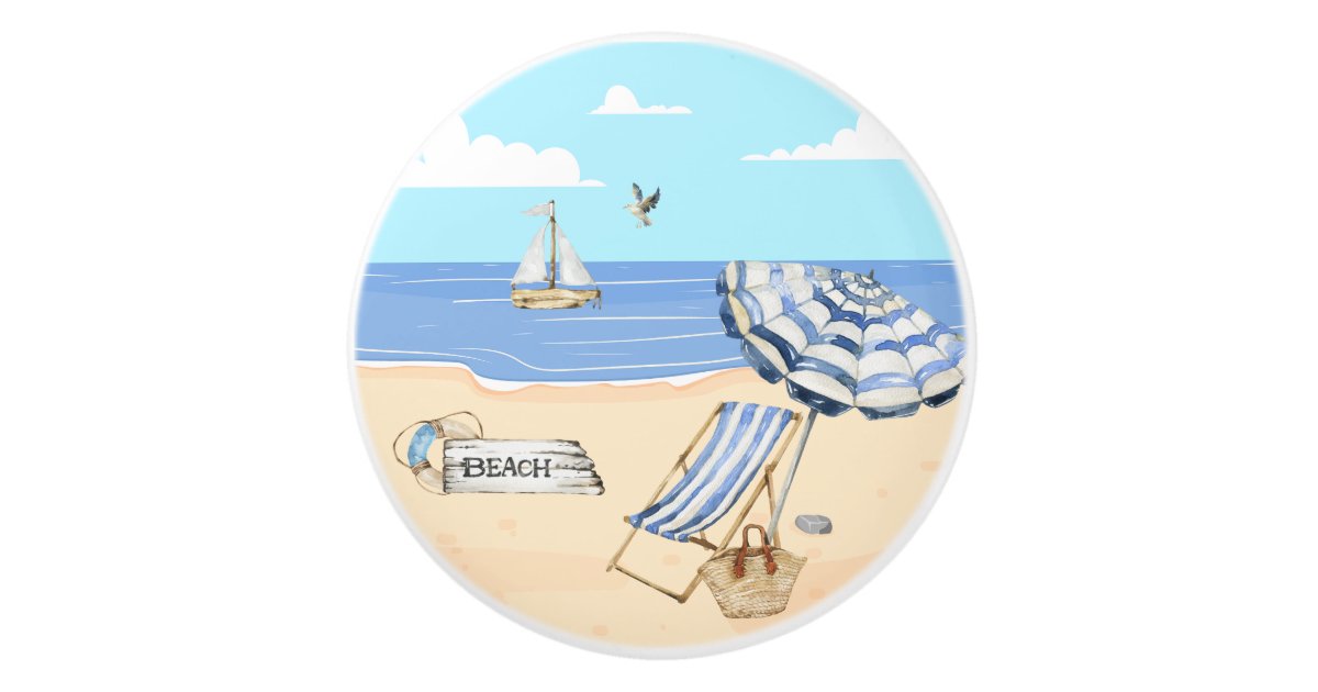 Fun At the Beach Blue Aqua Watercolor Scene Ceramic Knob | Zazzle