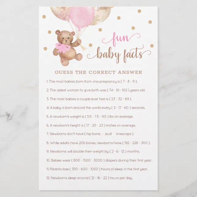 Fun Baby Facts Game Baby Shower Teddy Bear | Zazzle