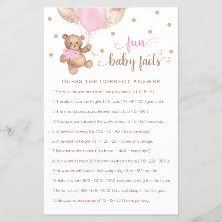 Fun Baby Facts Game Baby Shower Teddy Bear Zazzle