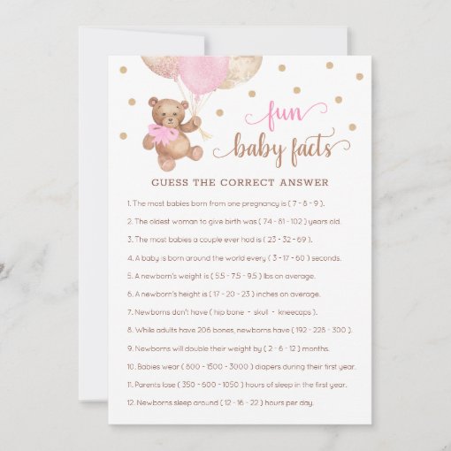 Fun Baby Facts Game Baby Shower Teddy Bear Card | Zazzle
